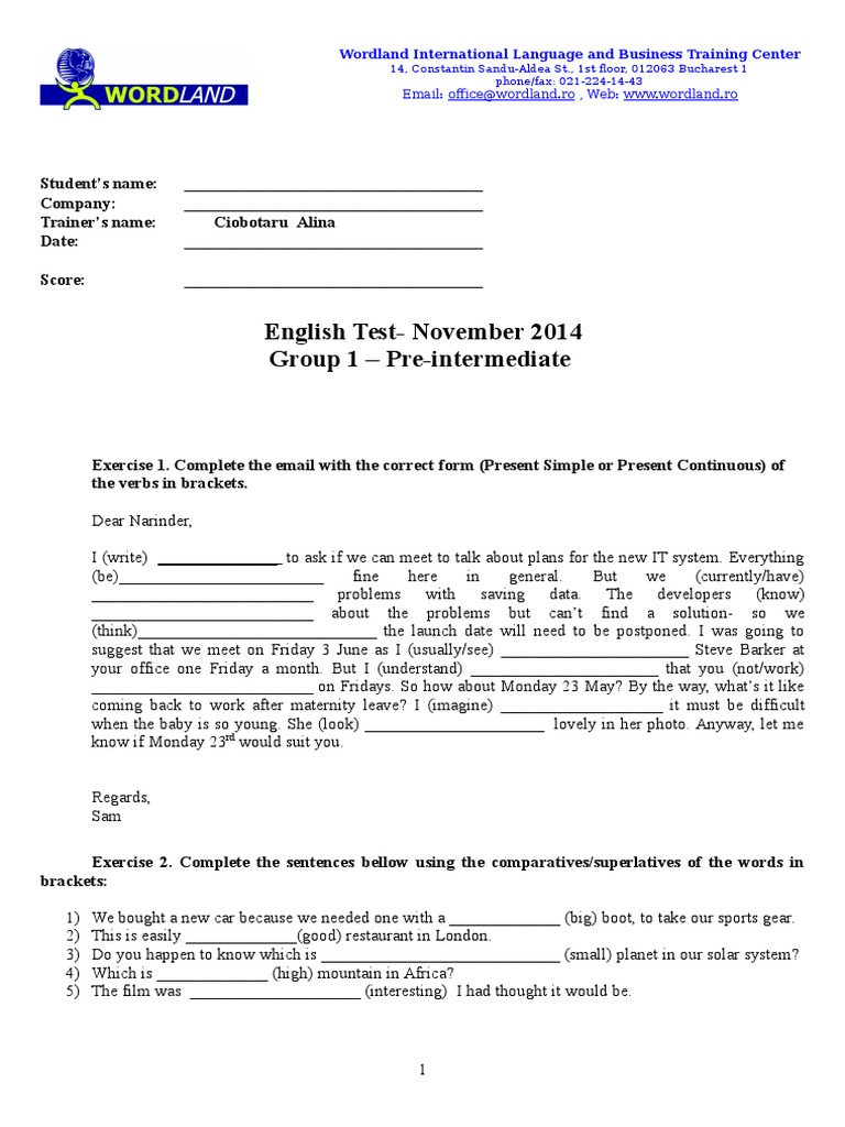 Business English Test For Pre-Intermediate Non-Native English Speakers ...