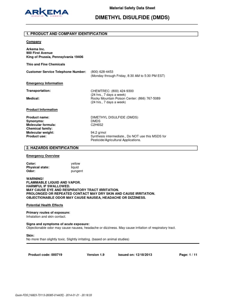 DMDS MSDS | PDF | Toxicity | Personal Protective Equipment