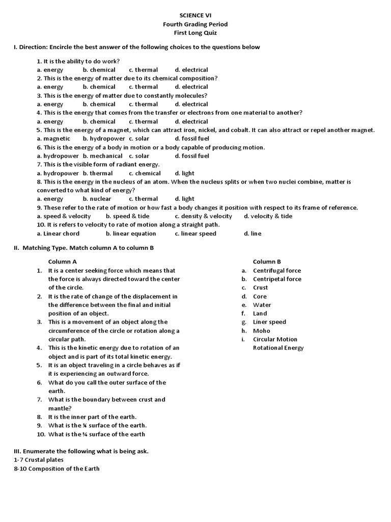 SCIENCE VI Michael Long Quiz | PDF