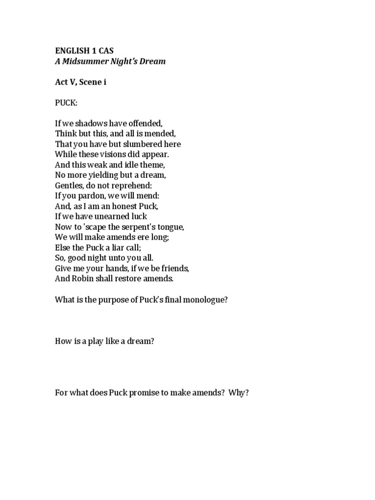 Puck's Final Monologue Explained | PDF | Poetry