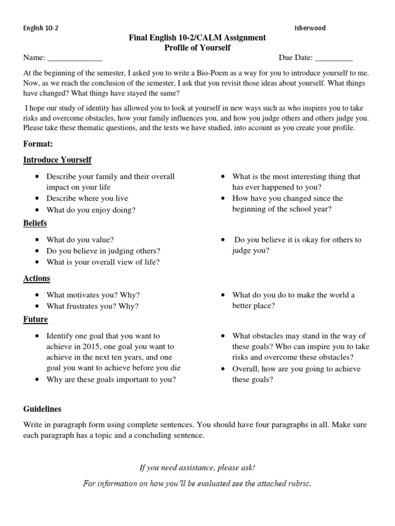 Final Profile Assignment for English 10-2 | PDF