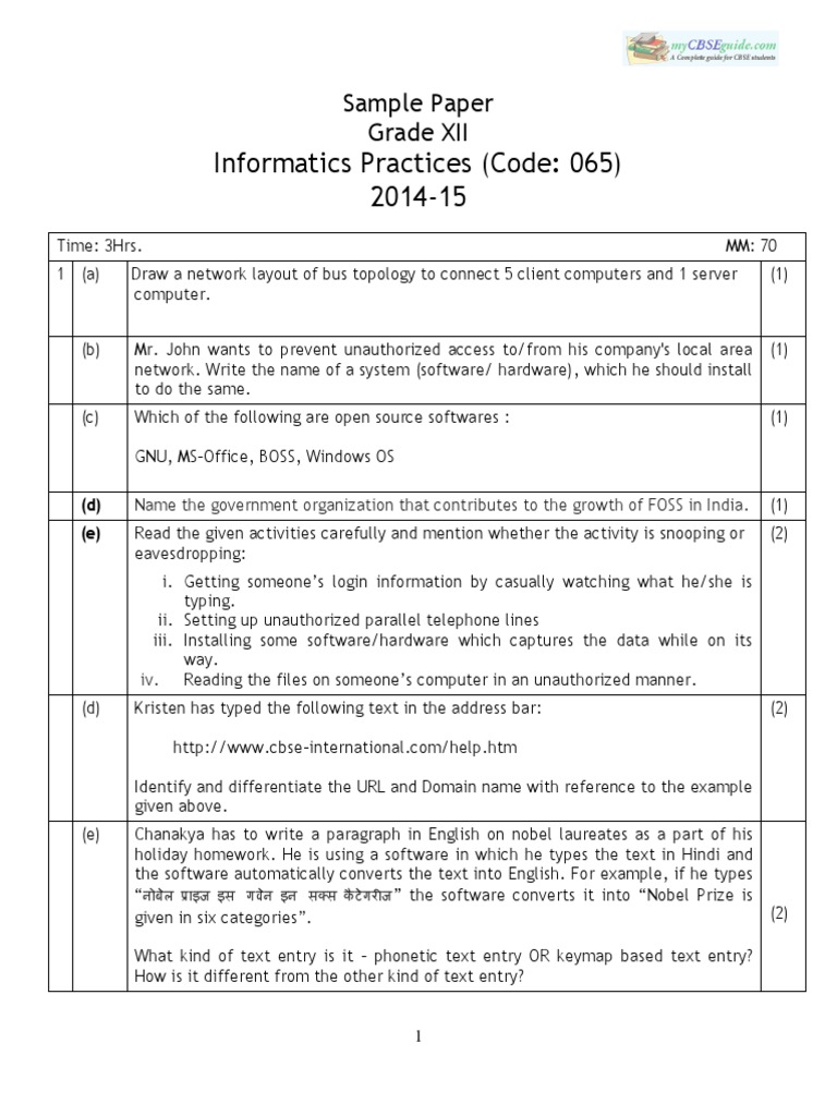 Informatics Practices (Code: 065) 2014-15: Sample Paper Grade XII | PDF | Databases | Sql