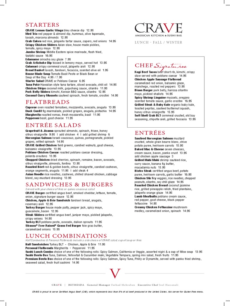 CRAVE Bethesda Lunch Menu | Sushi | Salad
