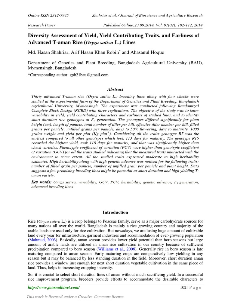 Diversity Assessment Of Yield Yield Contributing Traits And Earliness