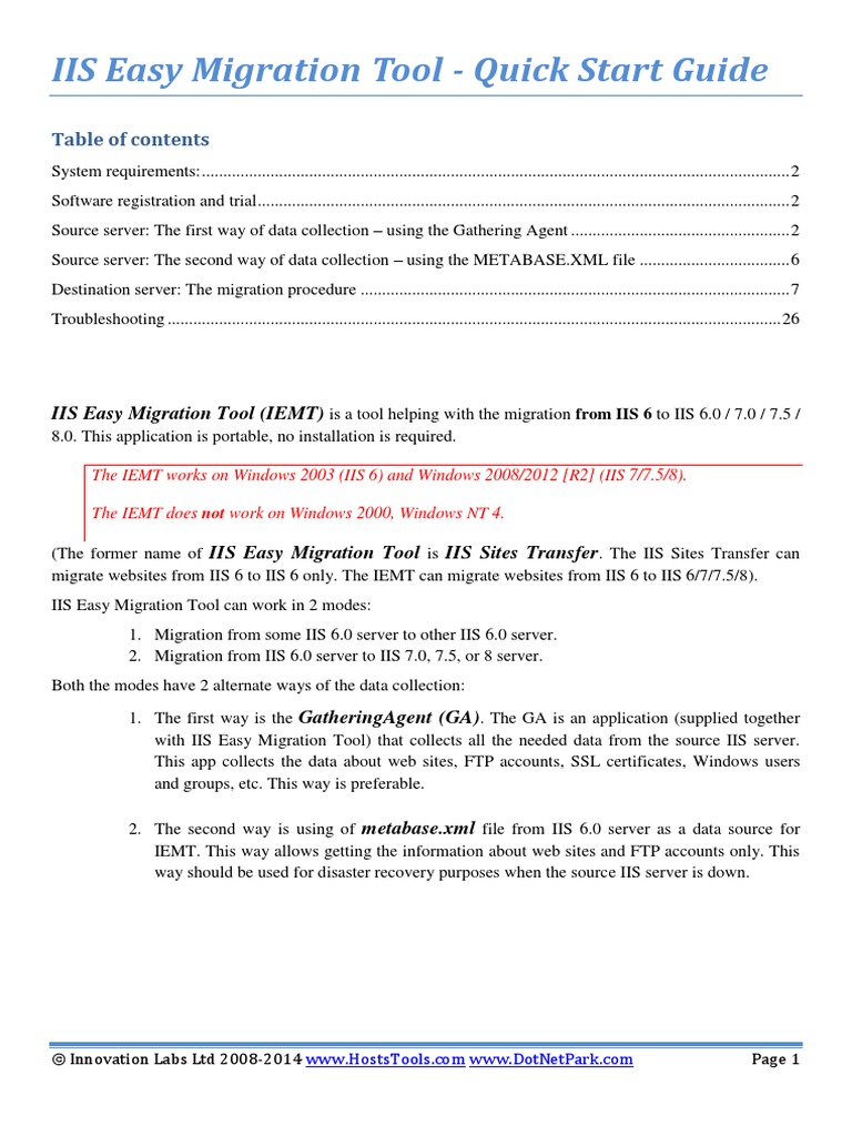 IIS Easy Migration Tool Quick Start Guide | PDF | Internet Information ...
