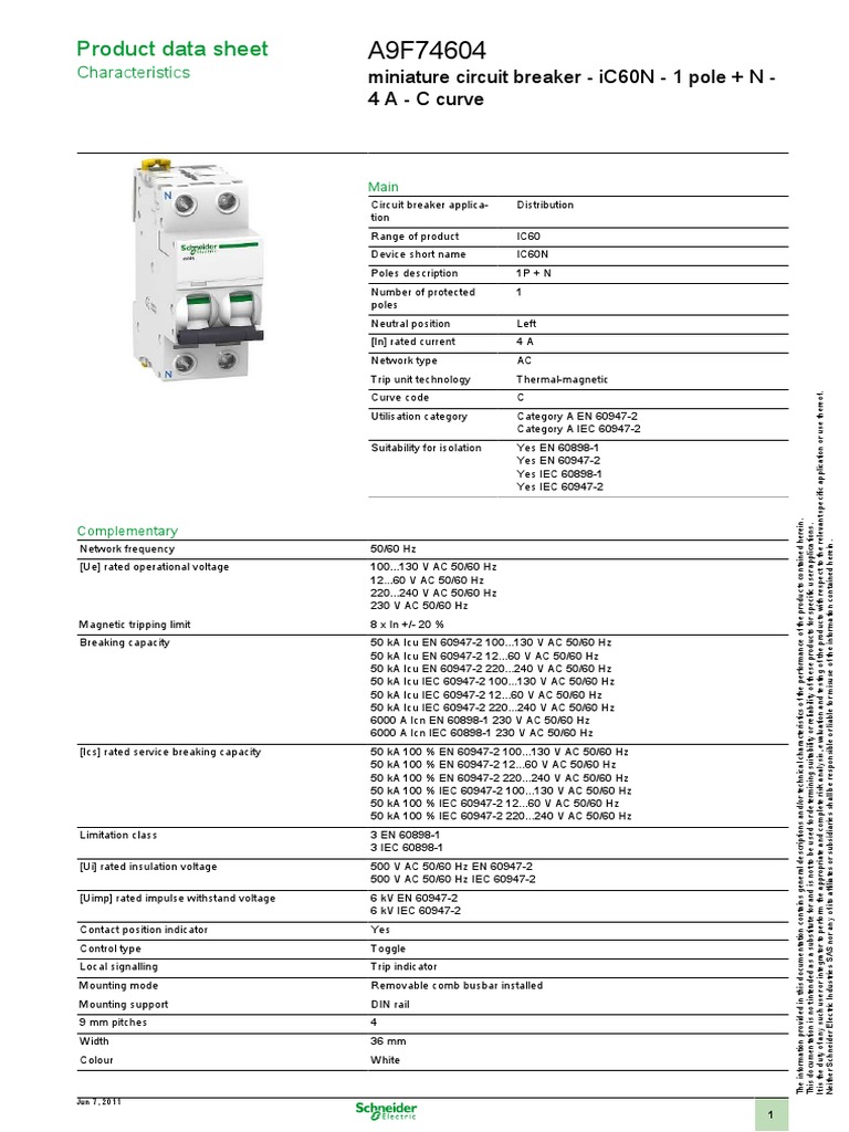 Product Data Sheet: Miniature Circuit Breaker - iC60N - 1 Pole + N - 4 ...