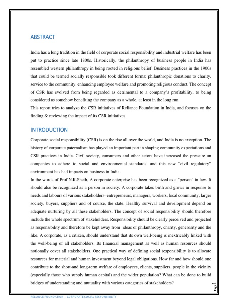 CSR of Reliance Industries | PDF | Corporate Social Responsibility ...