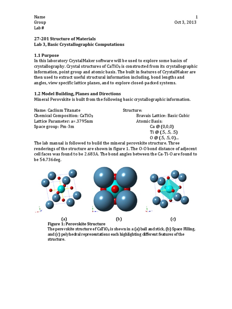 27 201 Structure of Materials Lab 3, Basic Crystallographic ...