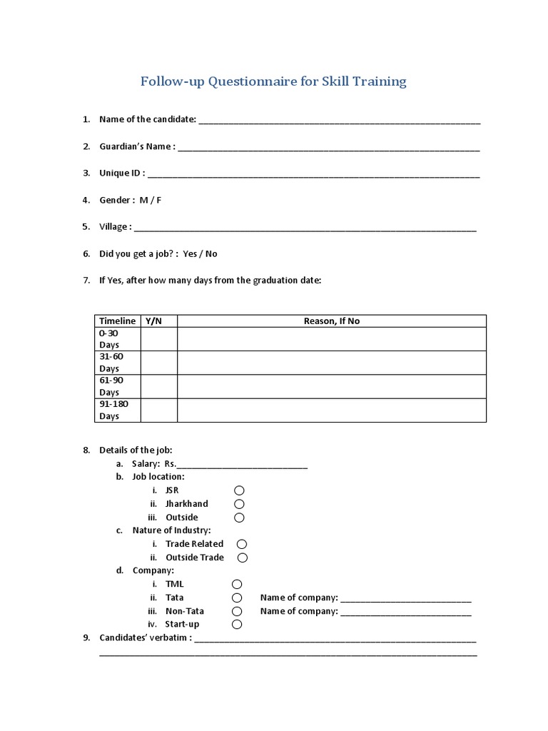 Follow-Up Questionnaire For Skill Training: Timeline Y/N Reason, If No ...