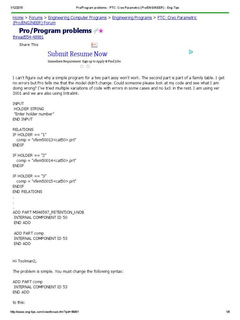 Pro - Program Problems - PTC - Creo Parametric (Pro - ENGINEER) - Eng-Tips | PDF | Computer ...