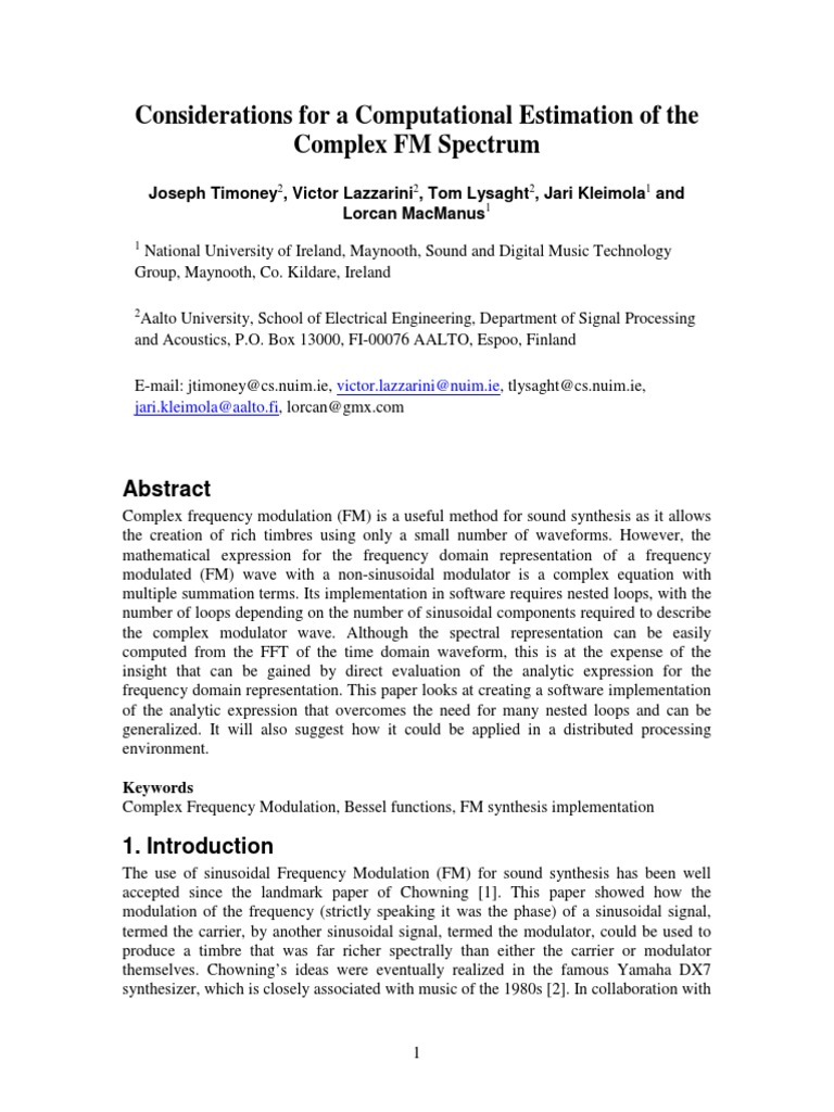 Paper On Complex Fm Synthesis Pdf Frequency Modulation Synthesizer