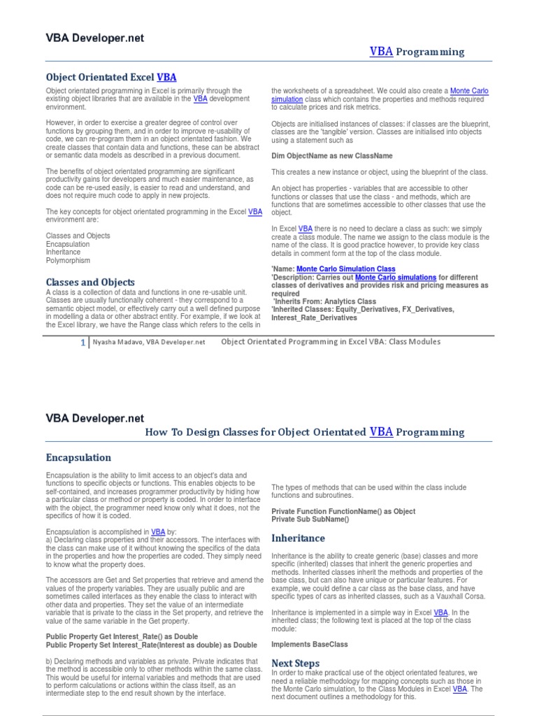 Object Orientated Excel Vba Pdf Class Computer Programming Microsoft Excel
