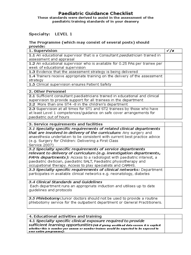 Paediatric Guidance Checklist: Specialty: Level 1 | PDF | Neonatal ...