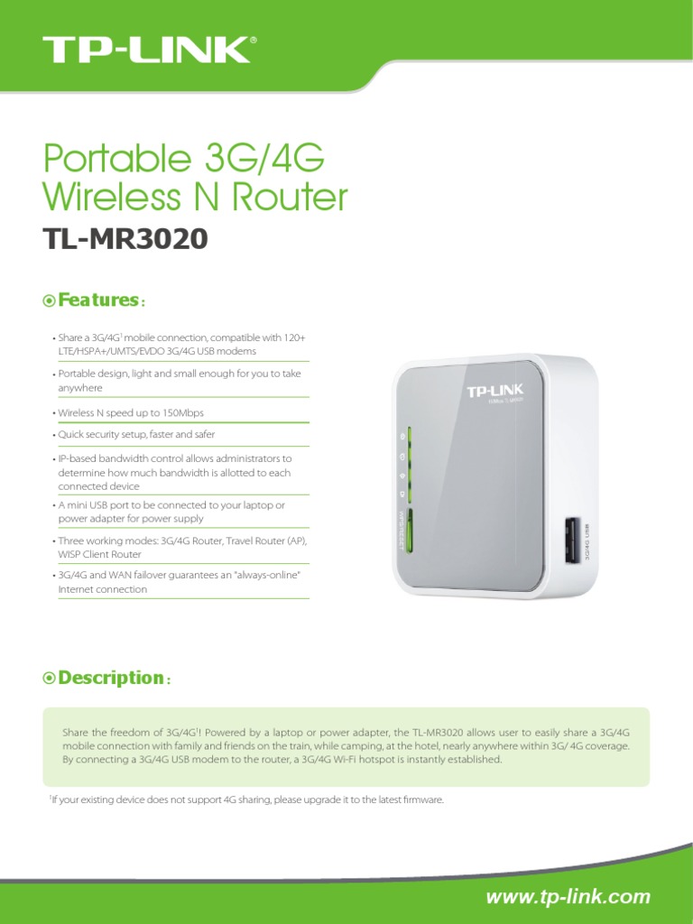 TL-MR3020 V1 Datasheet 1 | PDF | 4 G | Wi Fi