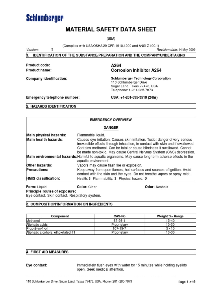 Material Safety Data Sheet: A264 Corrosion Inhibitor A264 | PDF | Dangerous Goods | Firefighting
