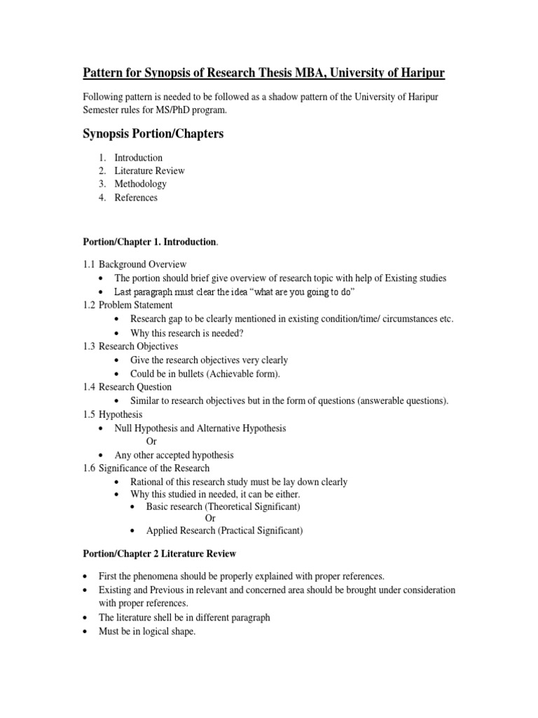 Pattern For Synopsis of Research Thesis MBA, University of Haripur ...