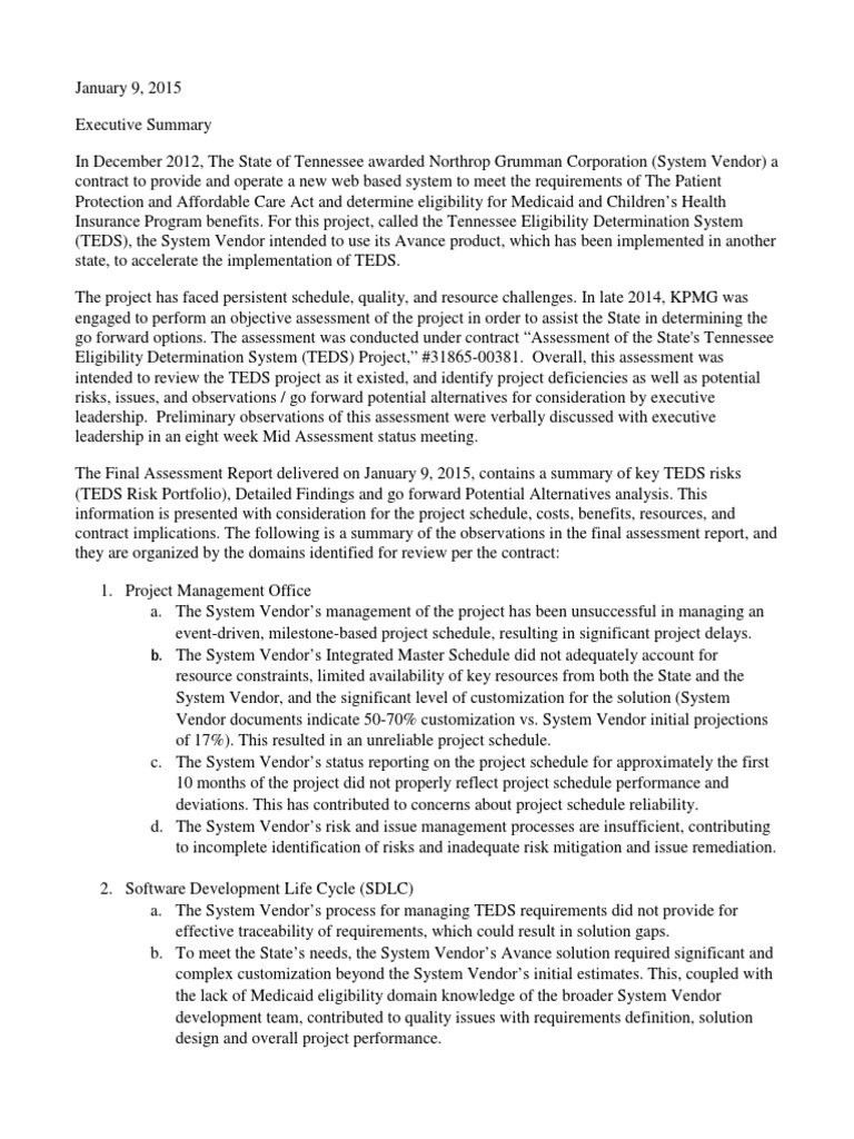 Tennessee Eligibility System Assessment Report | PDF | Leadership ...