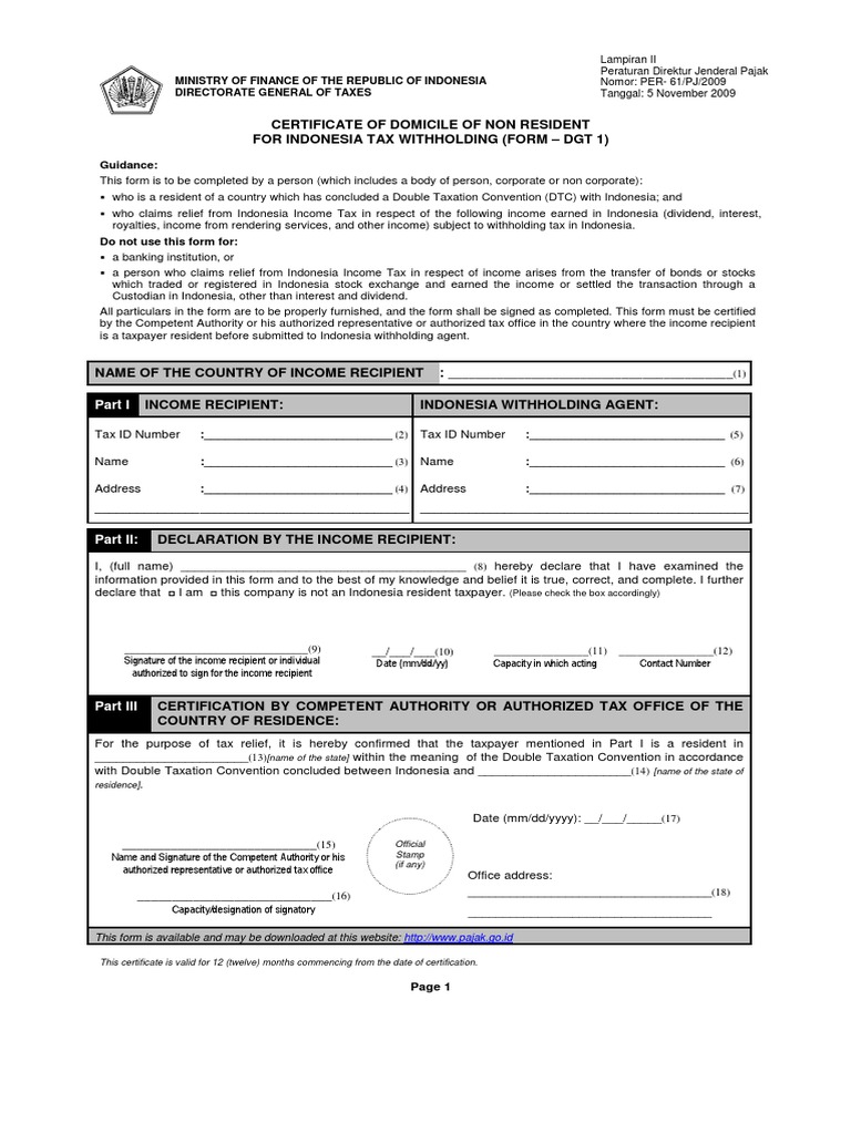 Form DGT 1 Indonesia | PDF | Withholding Tax | Taxpayer