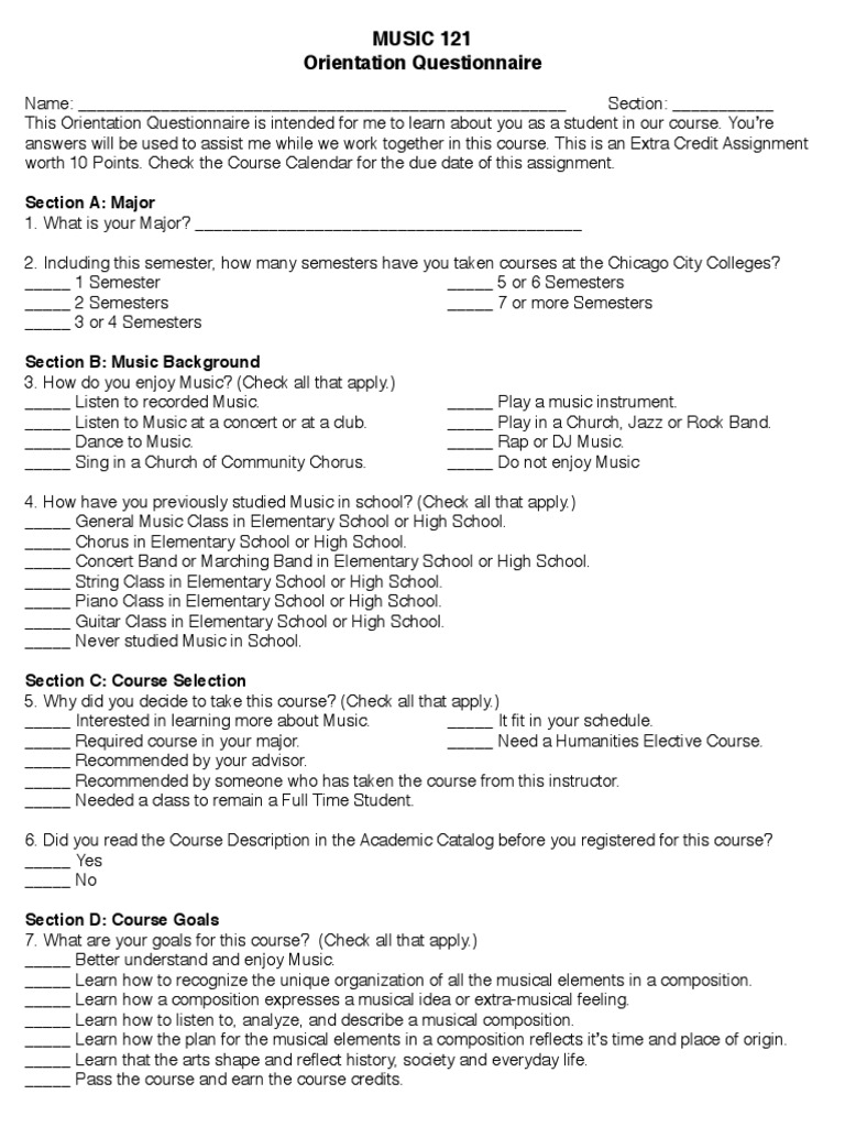 MUSIC 121 - Orientation Questionnaire | Secondary School | Cognition