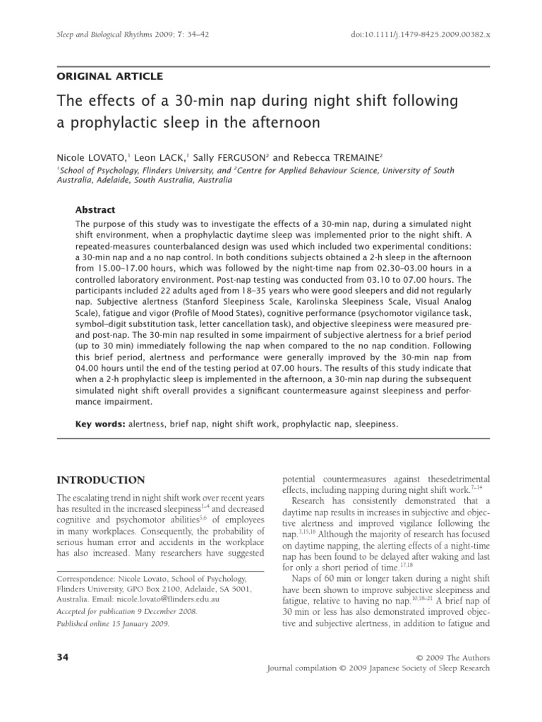 The Effects of A 30 Min Nap During Night Shift Following A Prophylactic ...