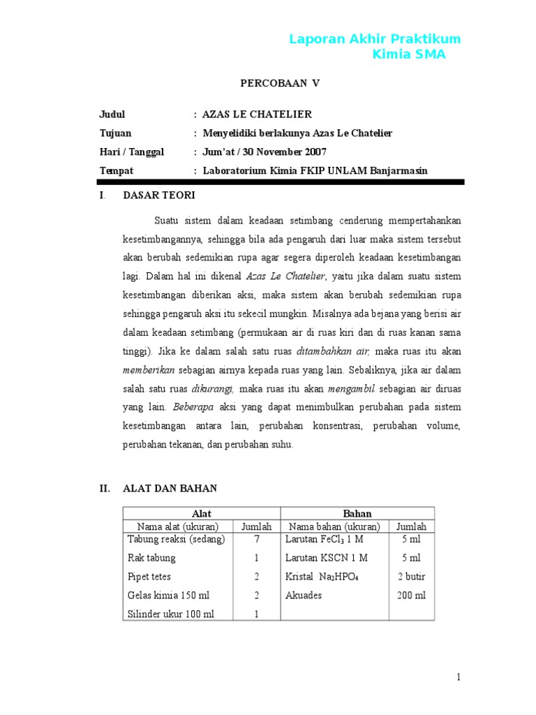 Percobaan V Azas Le Chatelier | PDF | Sains & Matematika