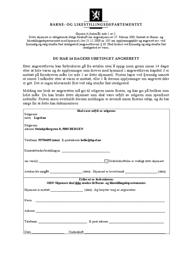 Angrerettskjema | PDF