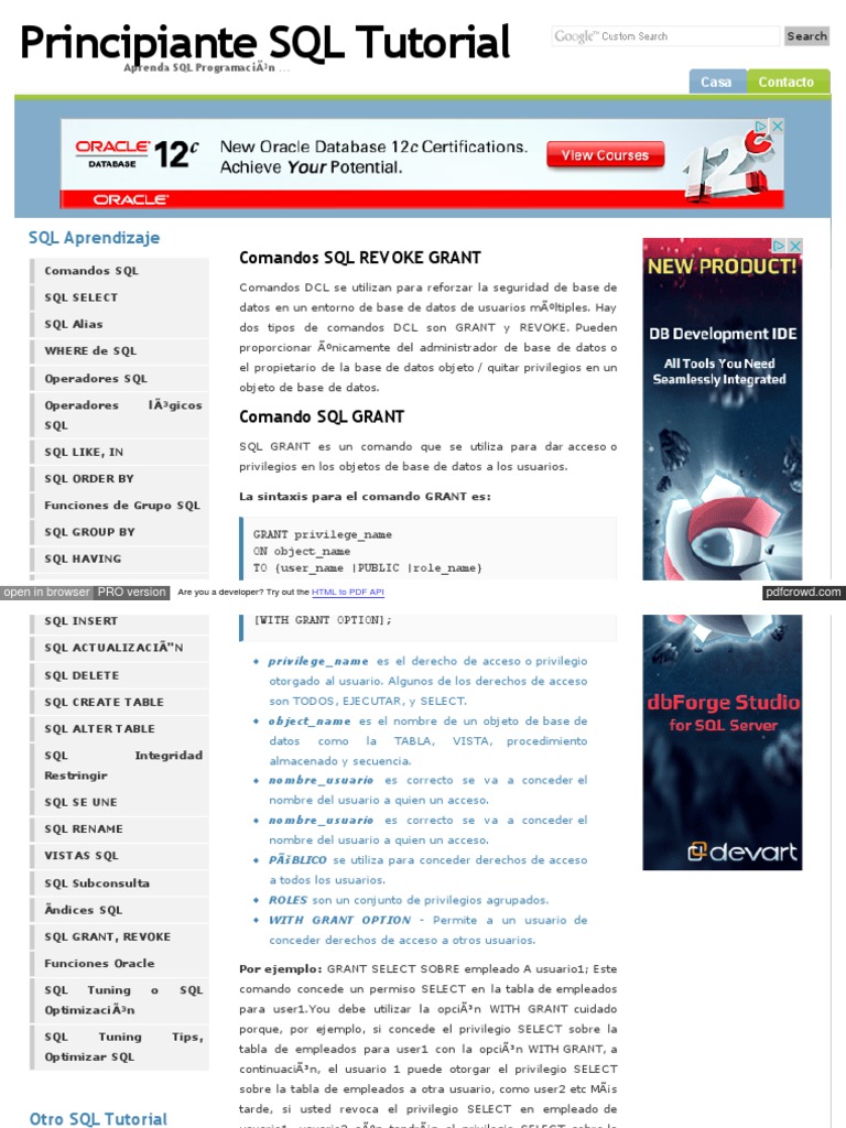 Beginner SQL Tutorial Com Es SQL Grant Revoke Privileges Rol | PDF | SQL | Tabla (base de datos)