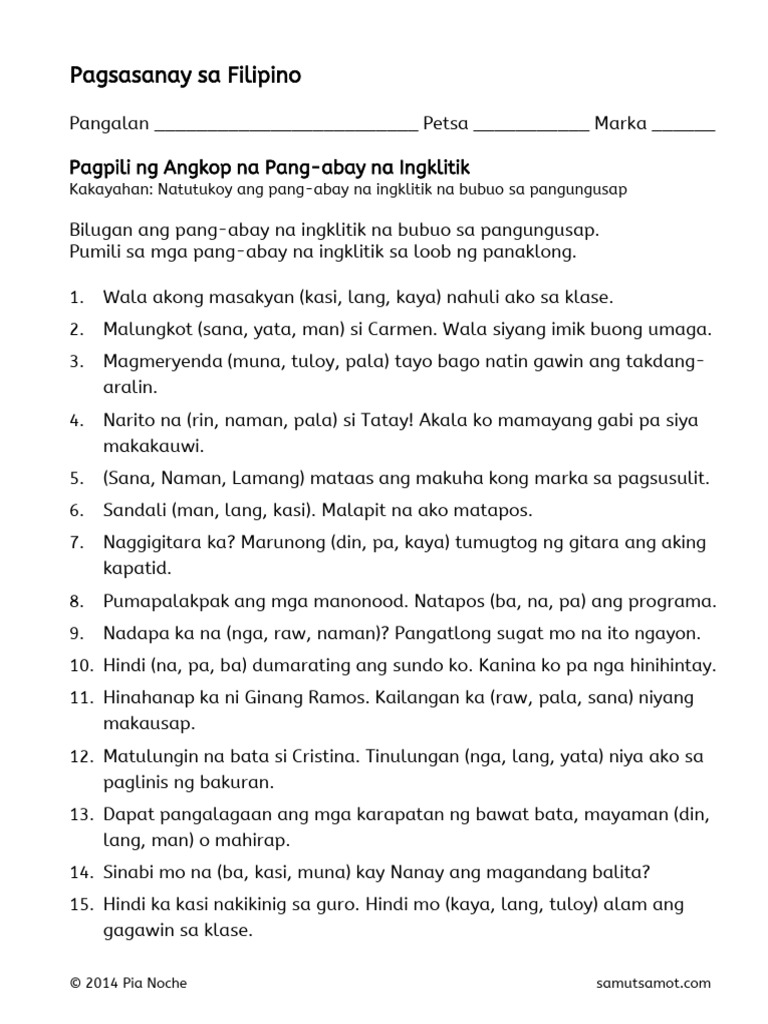 Pagpili NG Angkop Na Pang Abay Na Ingklitik 1 | PDF