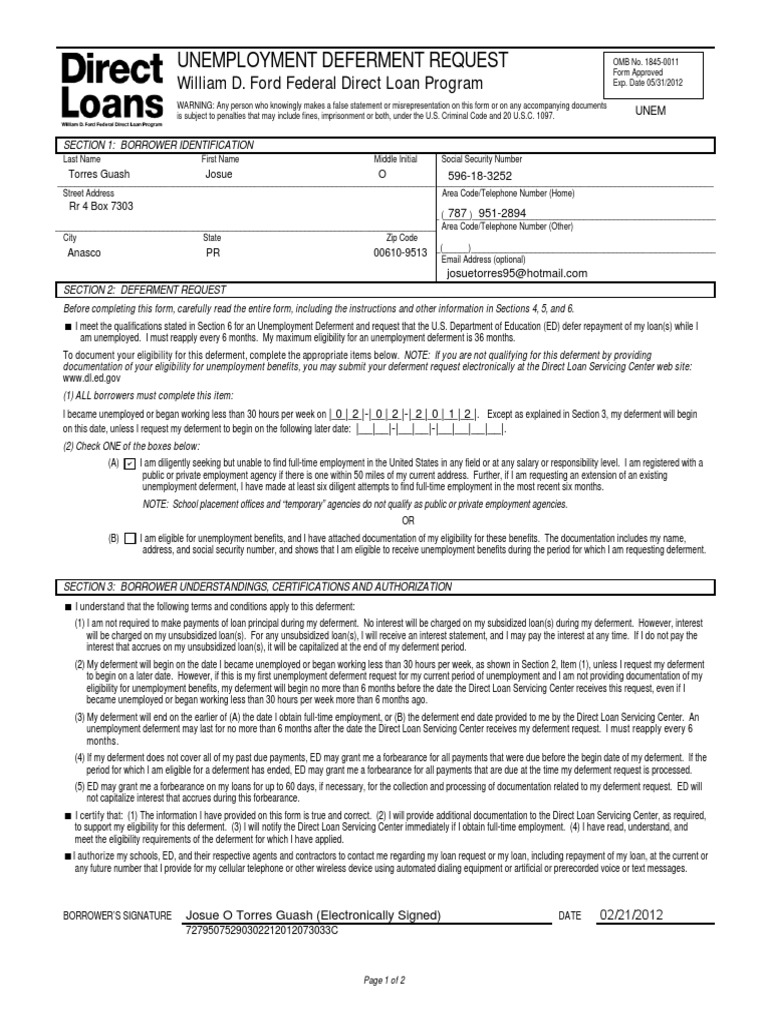 Unemployment Deferment Request: William D. Ford Federal Direct Loan ...