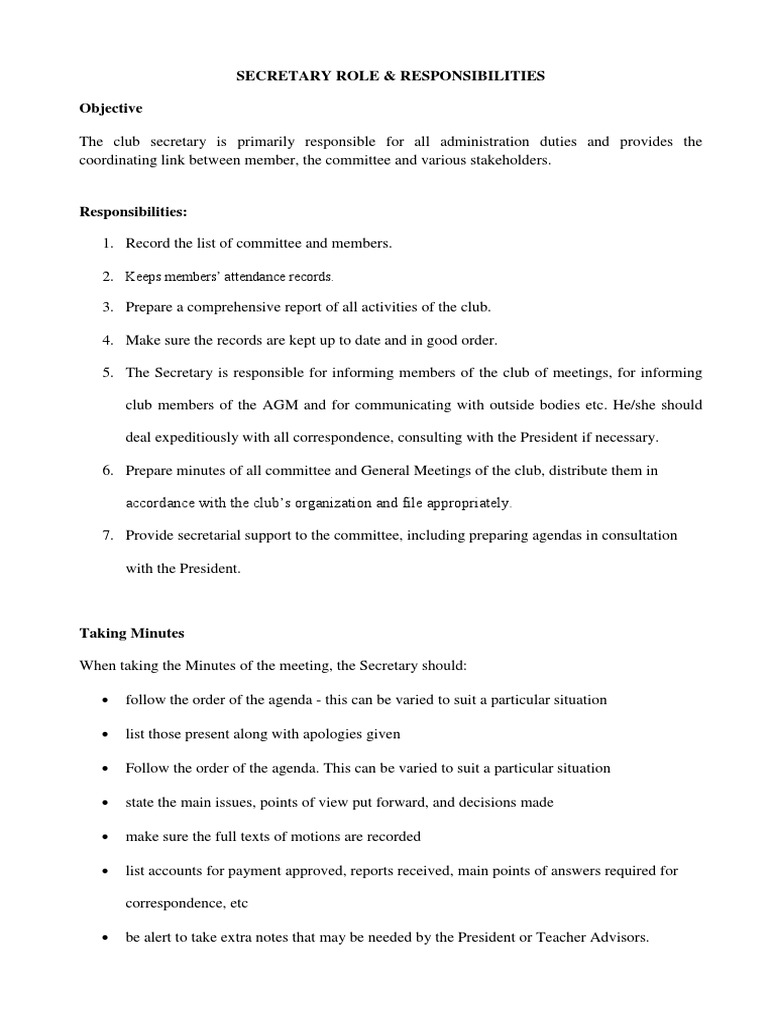 Secretary Role & Responsibilities Objective: Keeps Members' Attendance ...