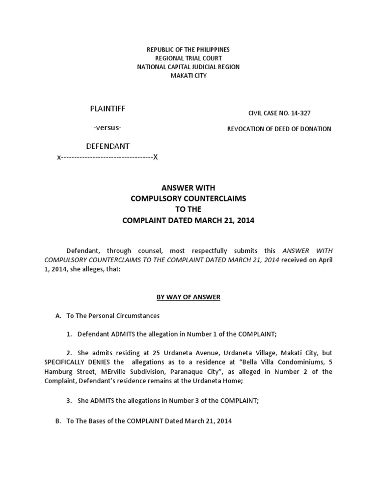 Plaintiff - Versus-Defendant X - X | PDF | Lawsuit | Complaint