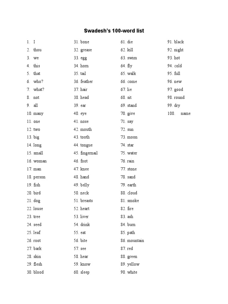Swadesh 100-Word List Overview | PDF