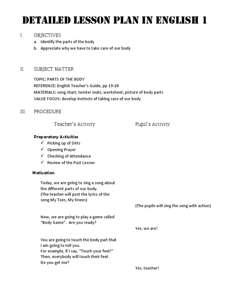 Detailed Lesson Plan in English 1 | Download Free PDF | Lesson Plan