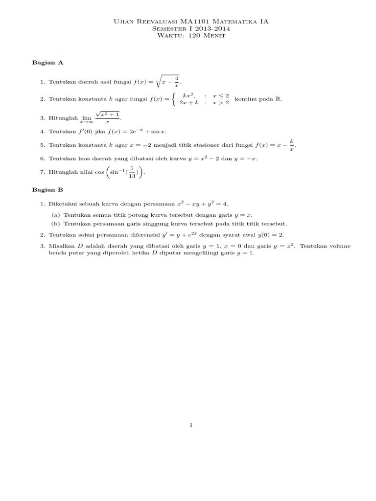 Soal Ujian Matematika IA ITB 2013-2014 | PDF