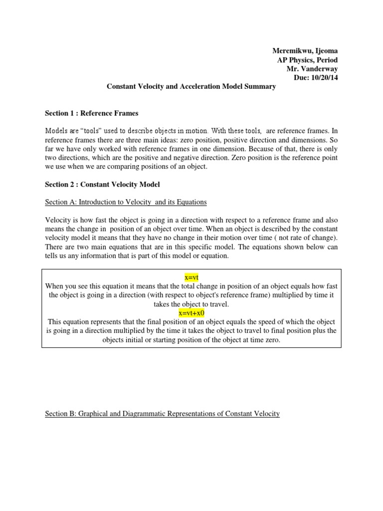 Constant Velocity and Acceleration Model Summary | PDF | Velocity ...