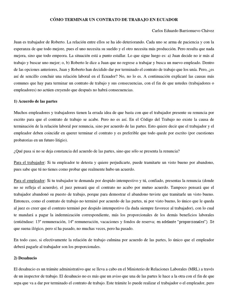 Como Terminar Un Contrato de Trabajo en Ecuador | PDF | Salario mínimo ...