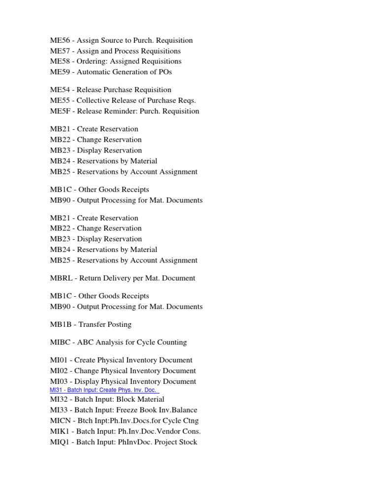 Transaction Codes SAP MM - Beginners | PDF