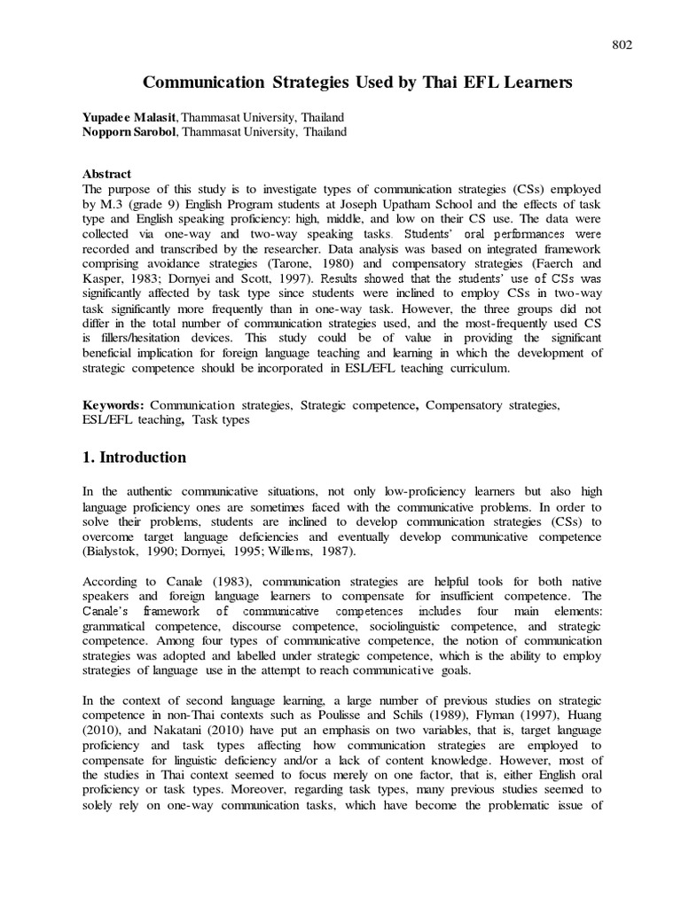 Communication Strategies Used by Thai EFL Learners | PDF | Second Language | English As A Second ...