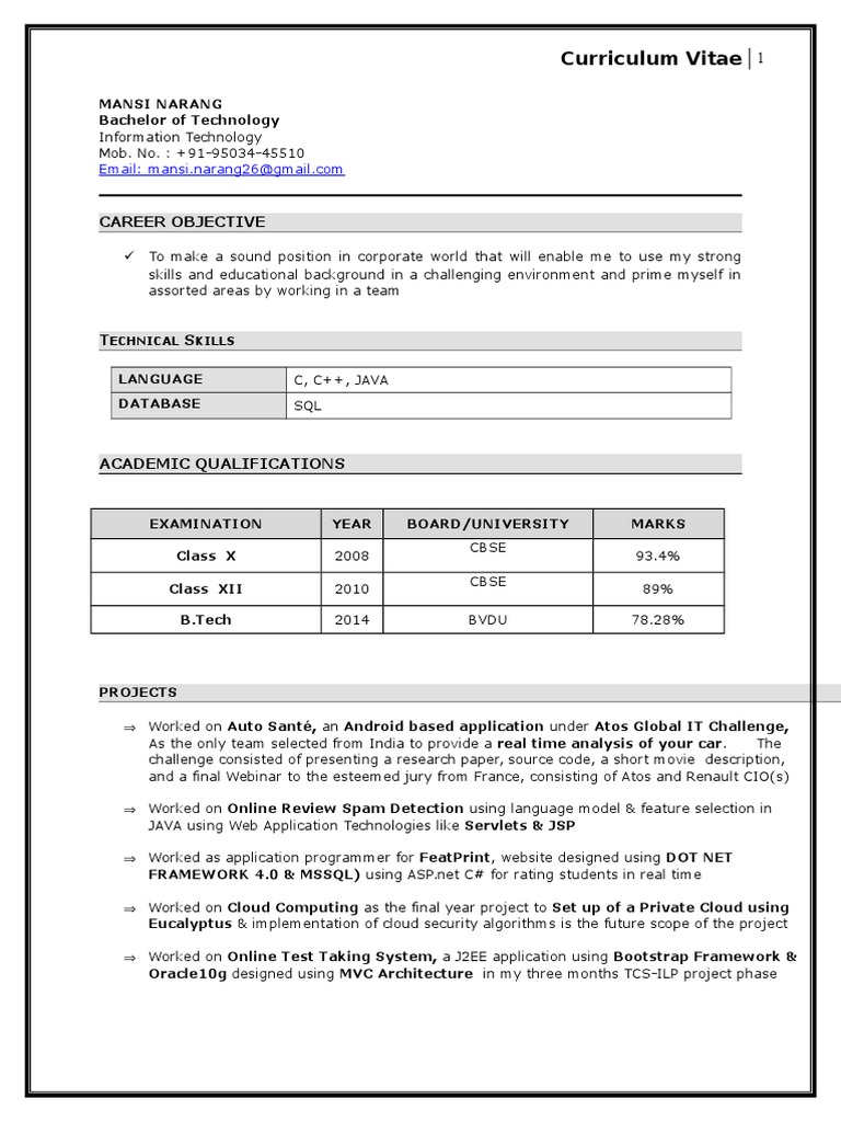 Curriculum Vitae: Career Objective | PDF | Java (Programming Language) | Microsoft Sql Server