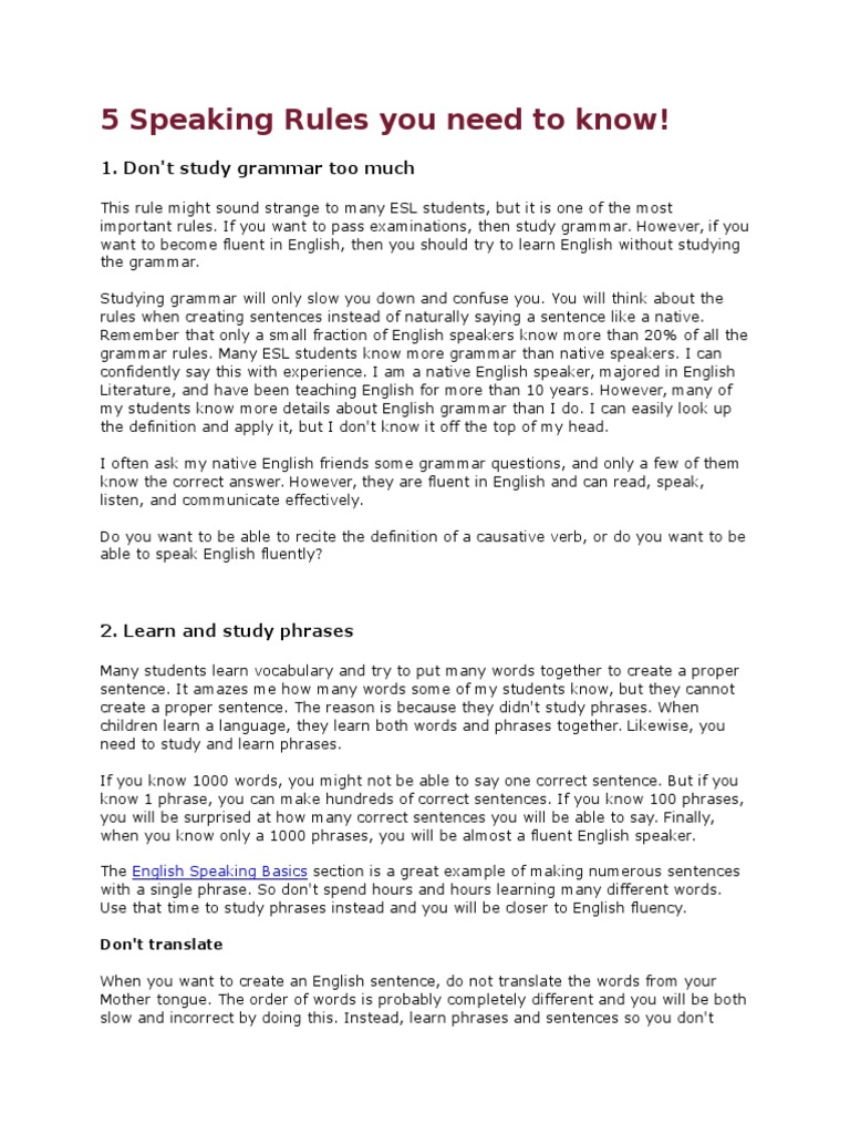 5 Speaking Rules You Need To Know | PDF | Fluency | Subject (Grammar)