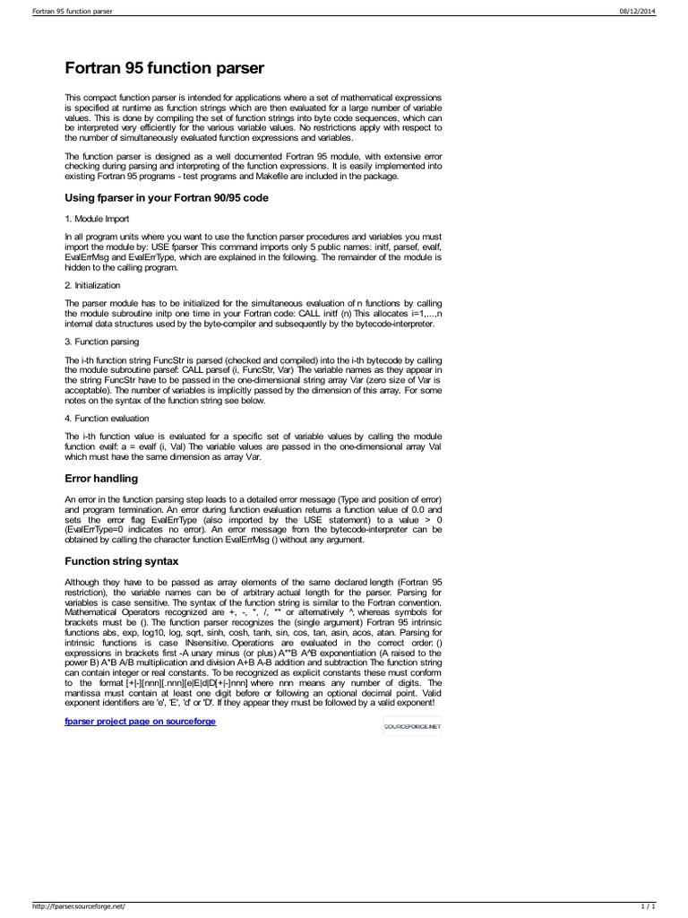 Fortran 95 Function Parser (Sourseforge Write-Up) | PDF | Subroutine ... Fortran 95 Function Parser (Sourseforge Write-Up) | PDF | Subroutine ...