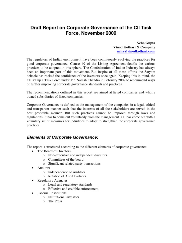 CII Task Force Corporate Governance Report | PDF | Board Of Directors ...