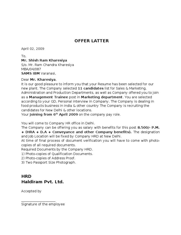 Offer Latter Sample by SHISH RAM KHARESIYA SAMS IBM IHM VARANASI | PDF