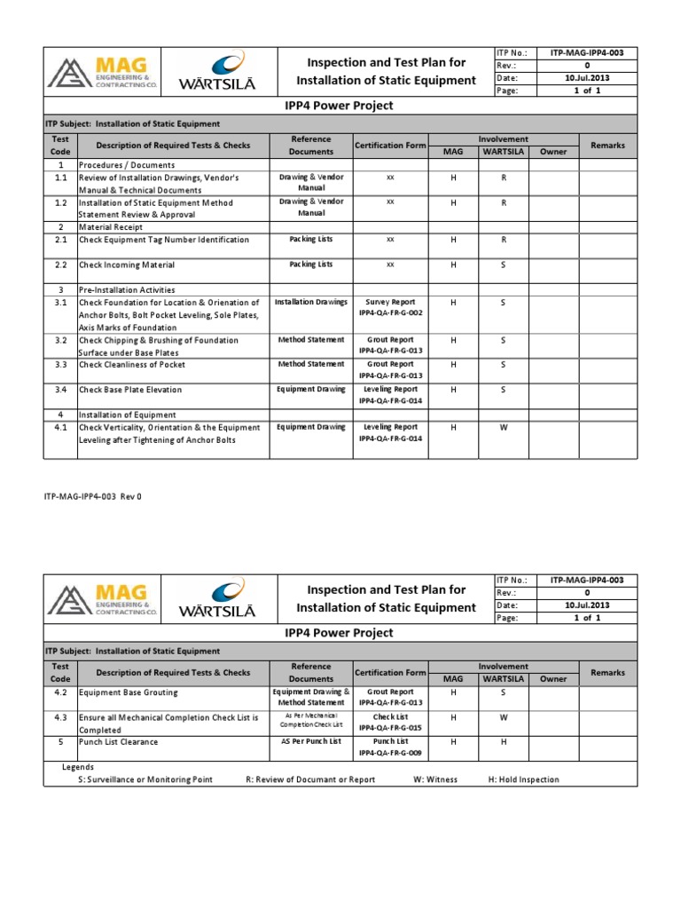 ITP Installation of Static Equipment | PDF