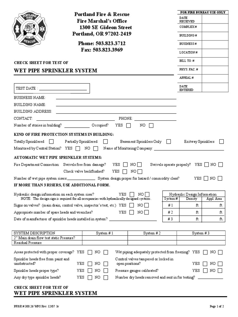 300.26WPS Check Sheet For Test of Wet Pope Sprinkler Systems | PDF