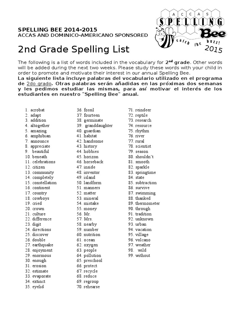 2nd Grade Spelling Bee Word List | PDF