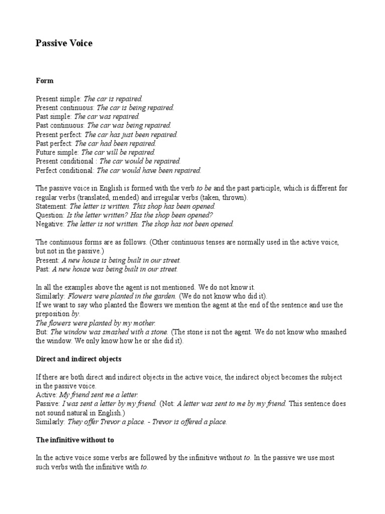 Passive Voice Forms and Uses | PDF | Perfect (Grammar) | Syntactic ...