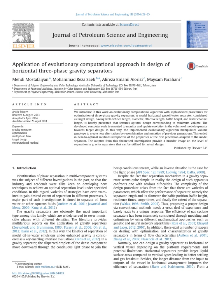 Application of Evolutionary Computational Approach in Design of Horizontal Three-Phase Gravity ...