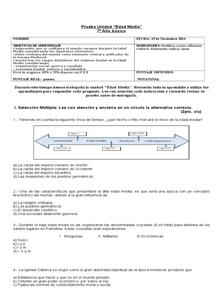 Prueba de 7º Año Edad Media Corregida | PDF | Baja Edad Media | Feudalismo