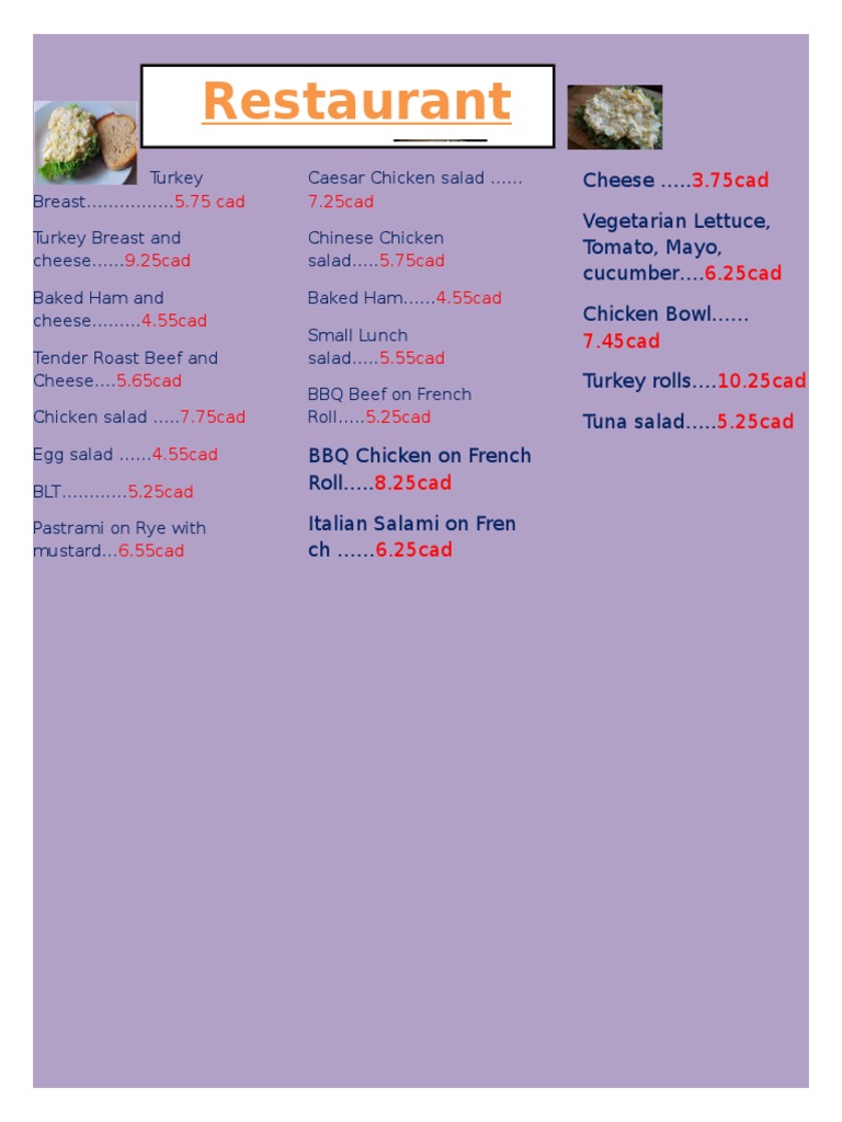 Menu for Quick Lunch Choices | PDF